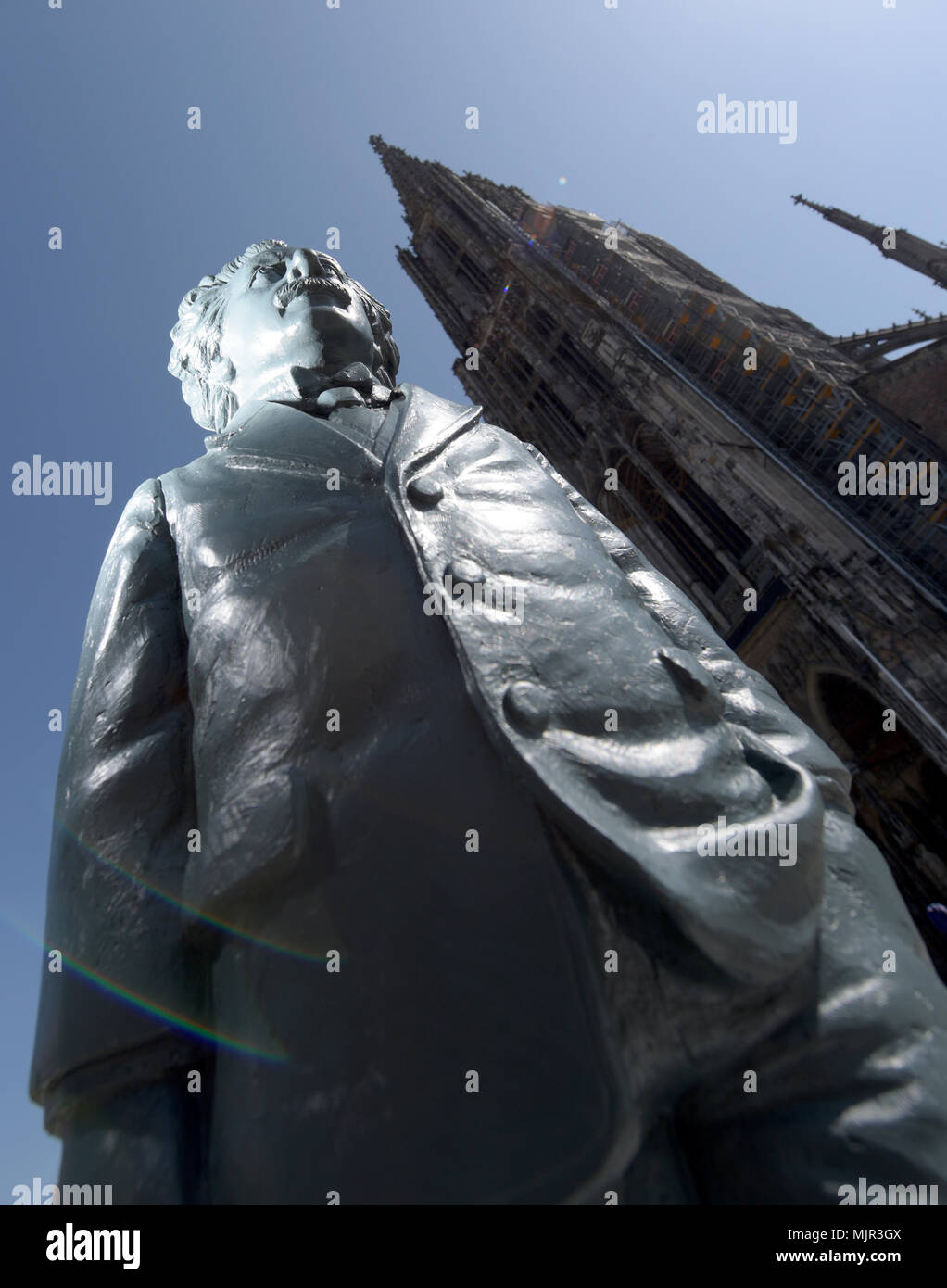 Ulm, Germany, 6 May 2018. A small statue of Albert Einstein with the ...
