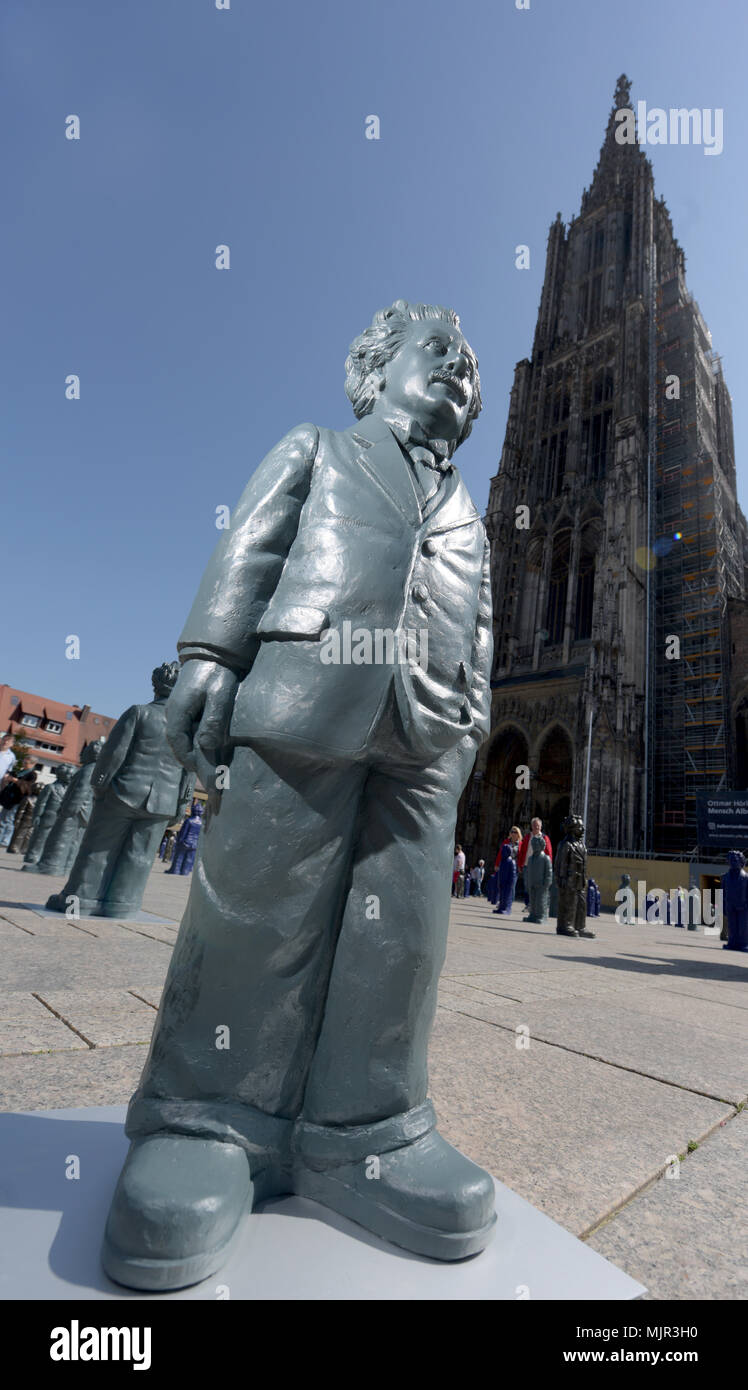 Ulm, Germany, 6 May 2018. Small statues of Albert Einstein at ...