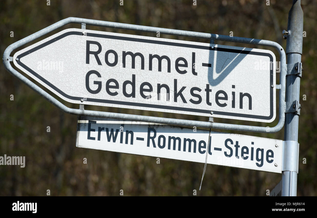 18 April 2018, Germany, Herrlingen: Two signs read 'Rommel-Gedenkstein ...