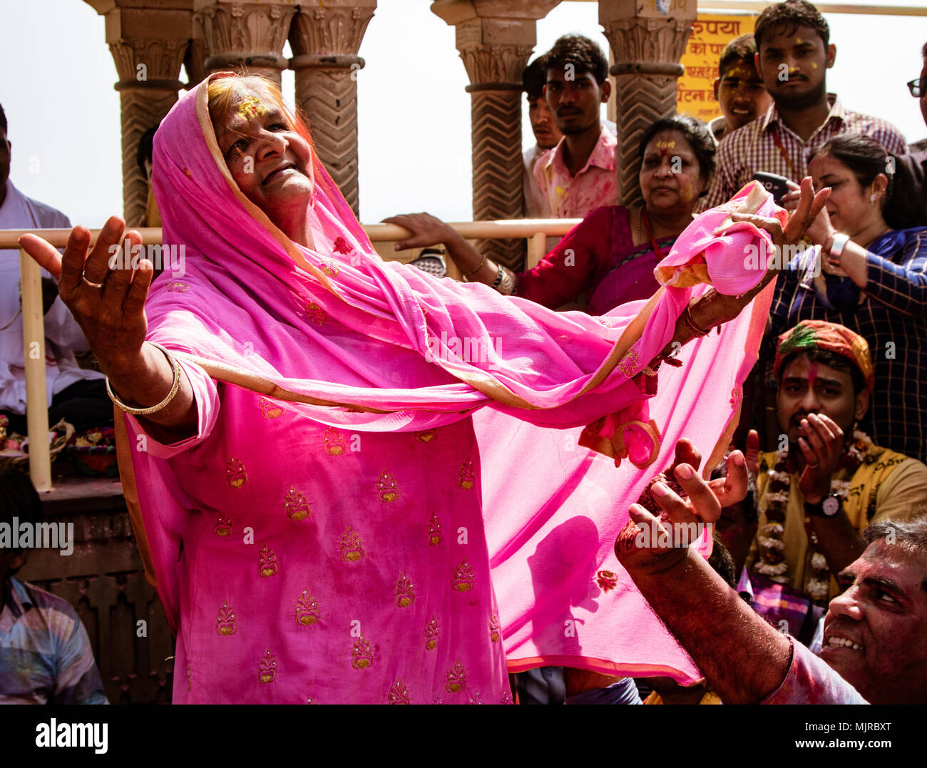 Barsana, India, Holi Festival, Feb 23, 2018 - Old woman with only one ...