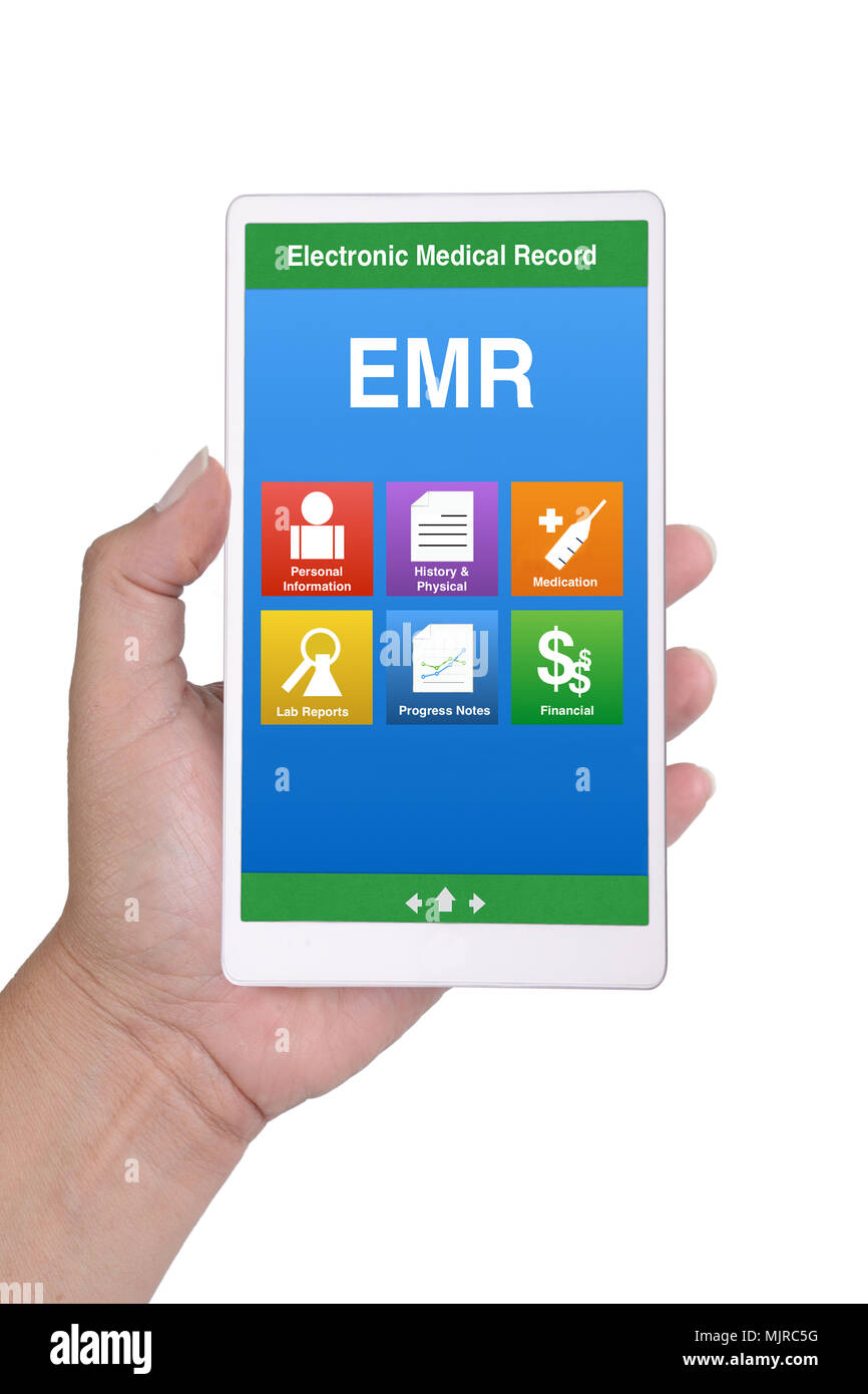 Hand holding smartphone showing electronic medical record menu on ...