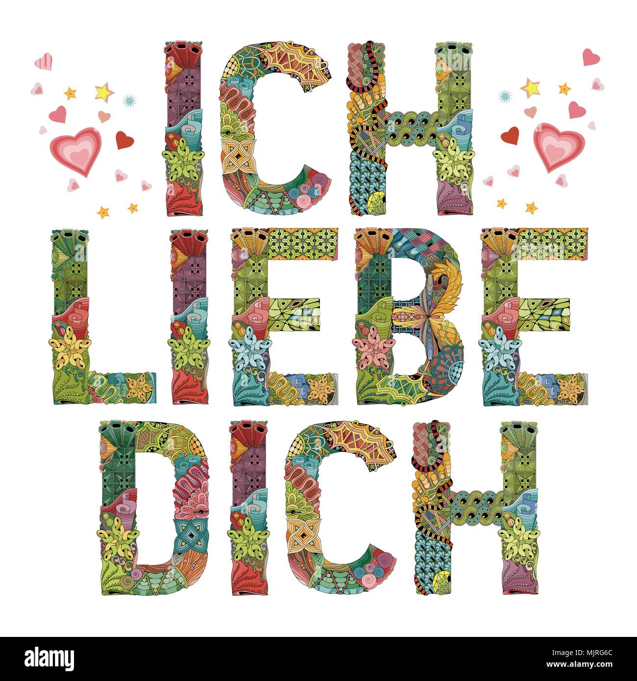 Hand-painted art design. Hand drawn illustration words ICH LIEBE DICH ...