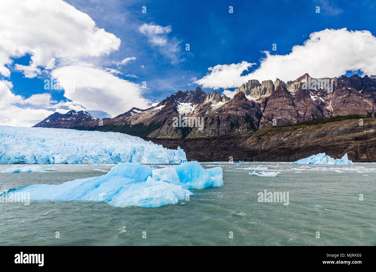 Blue ice and icebergs of Grey Glacier at the Grey Lake in southern ...