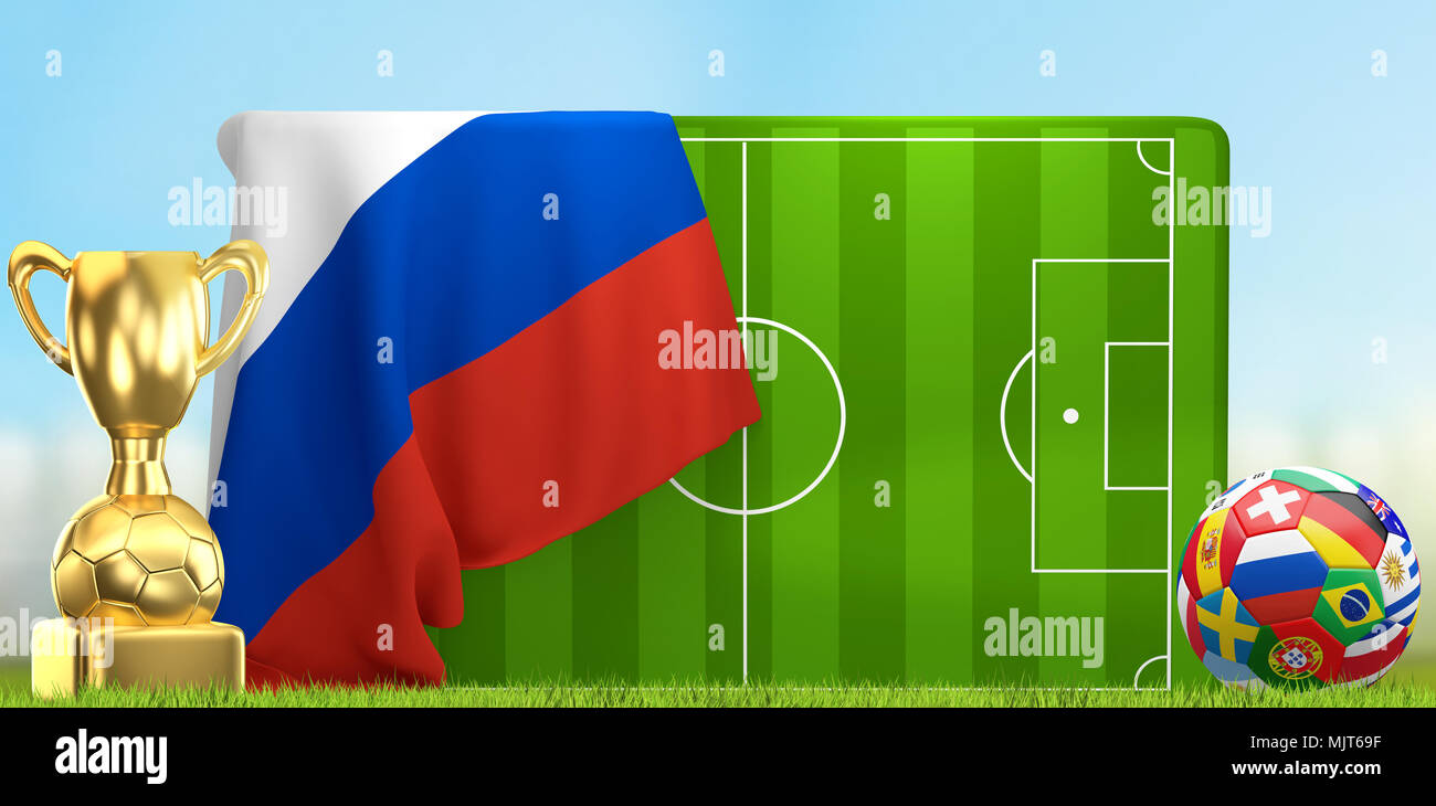 soccer field 3D illustration with soccer ball and trophy and flag of ...