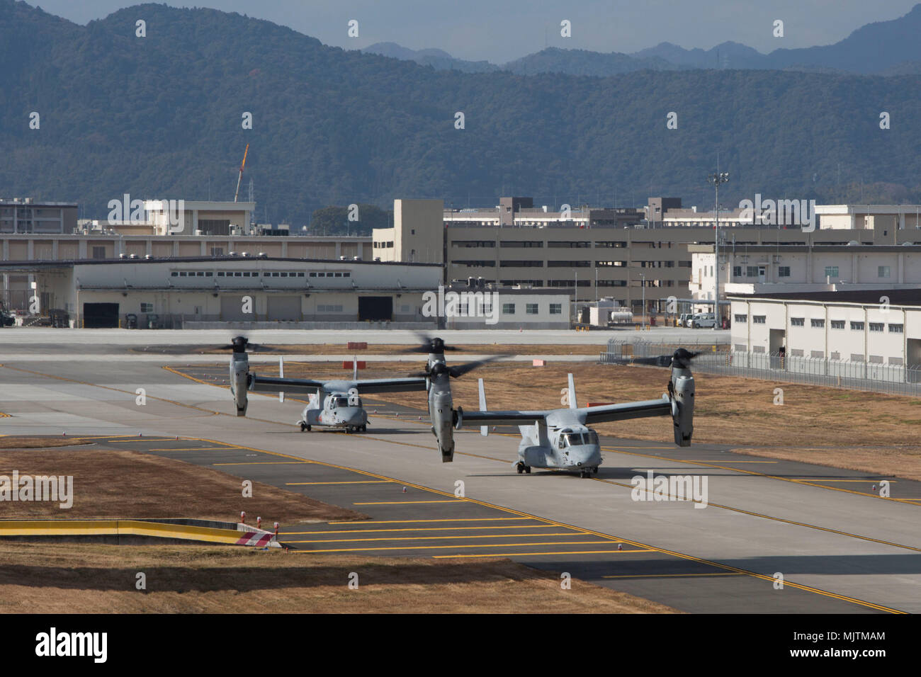 Two U.S. Marine Corps MV-22B Osprey aircraft with Marine Medium Tiltrotor Squadron (VMM) 262 ...
