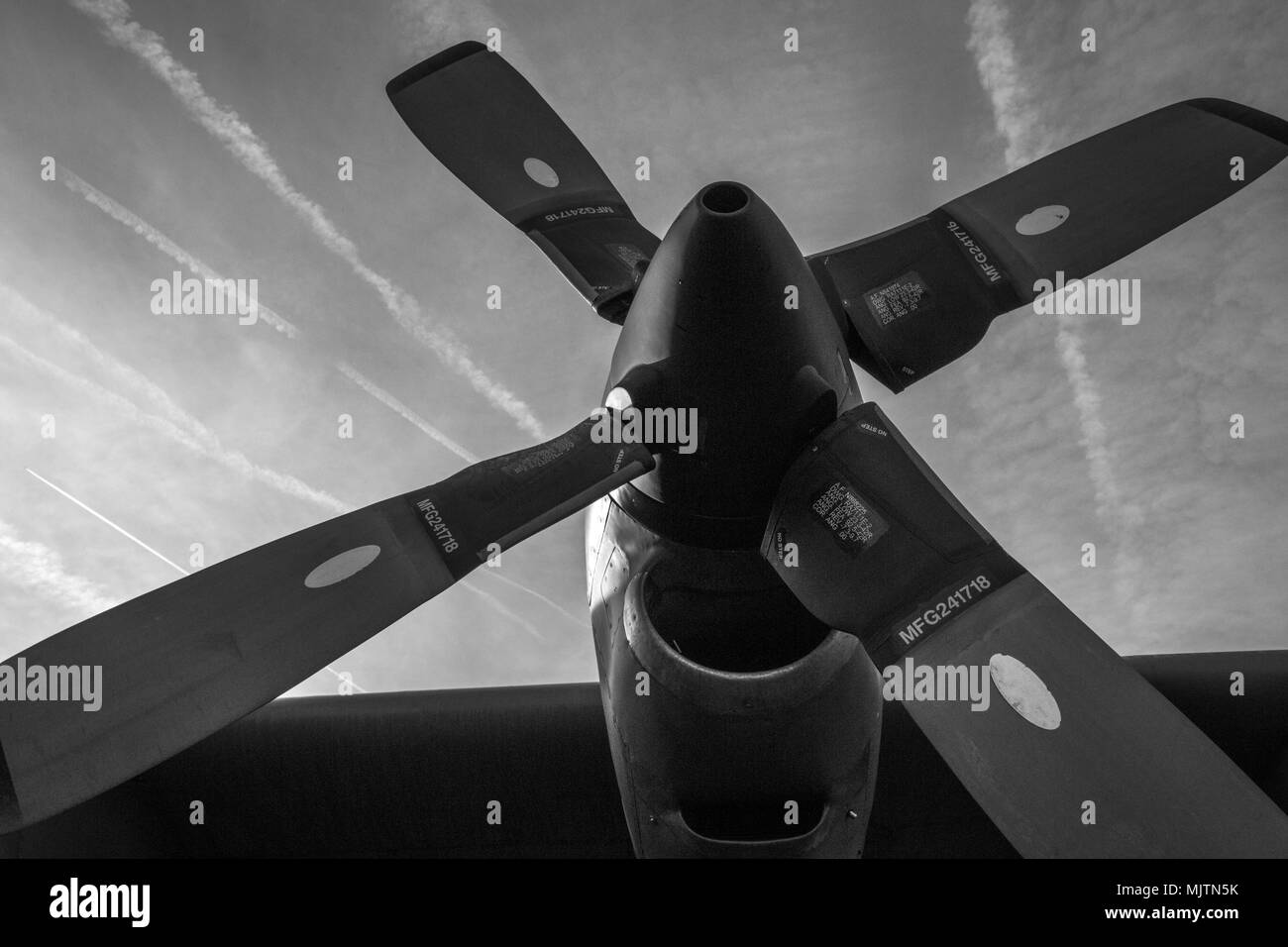 A U.S. Air Force C-130H Hercules propeller stands in contrast to the ...