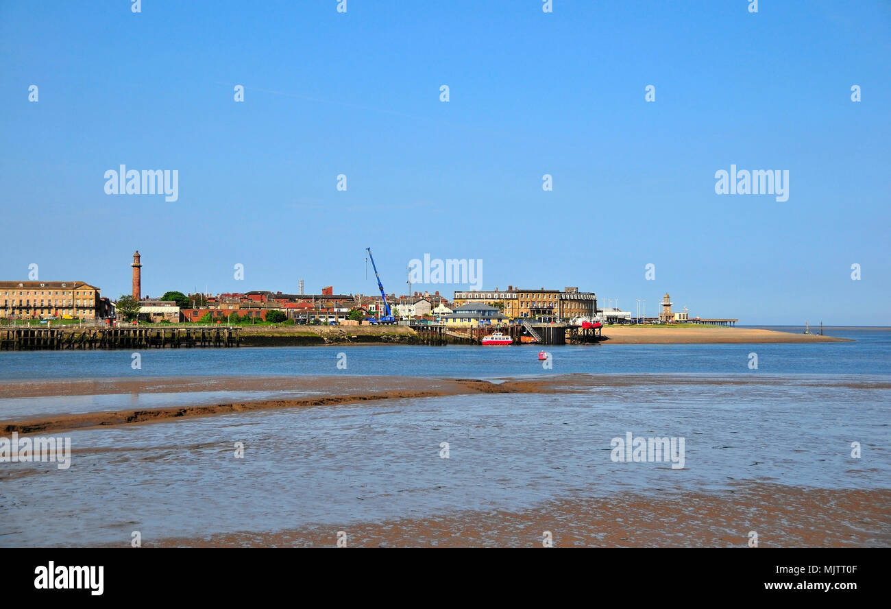 Blue sky, low tide beach view from Knott End across the channel of the ...