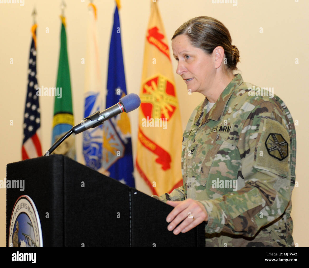 Colonel Nicole Lucas, Joint Base Garrison Commanding Officer, speaks ...