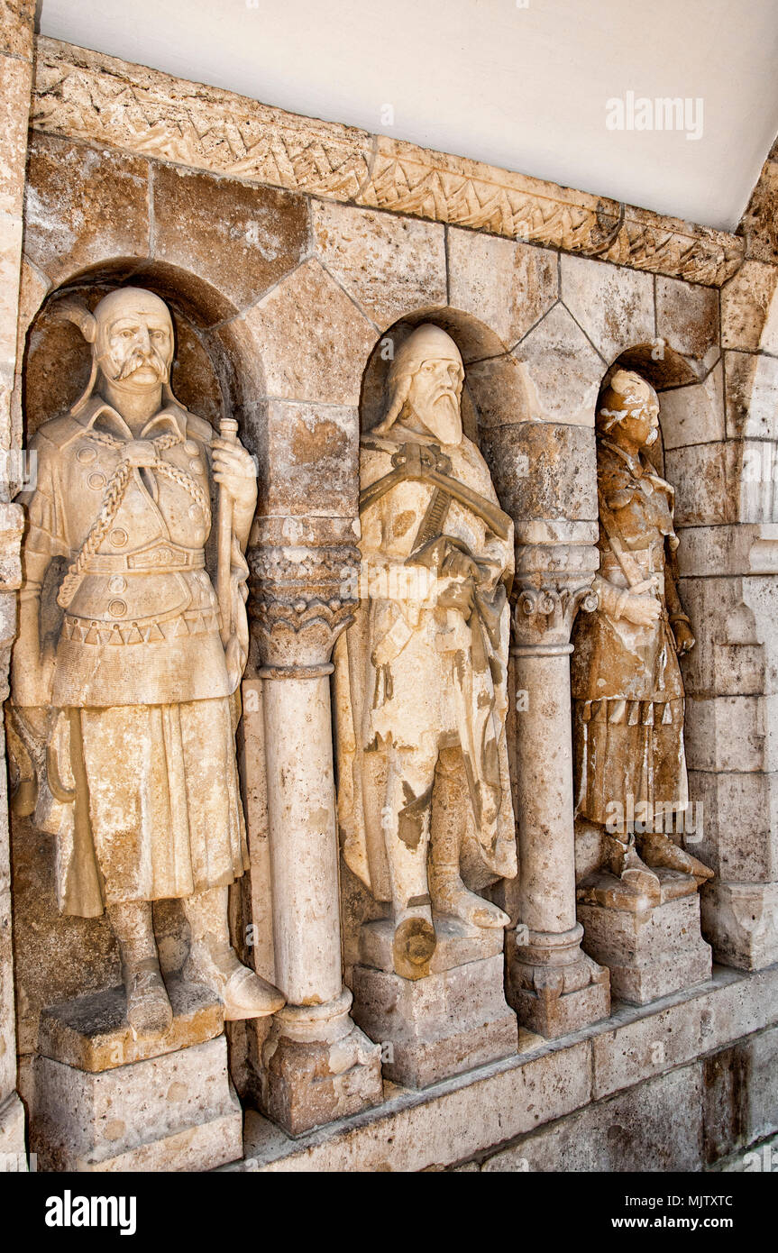 The Fishermans Bastion with the statues of Saint Stephan and King Arpad ...