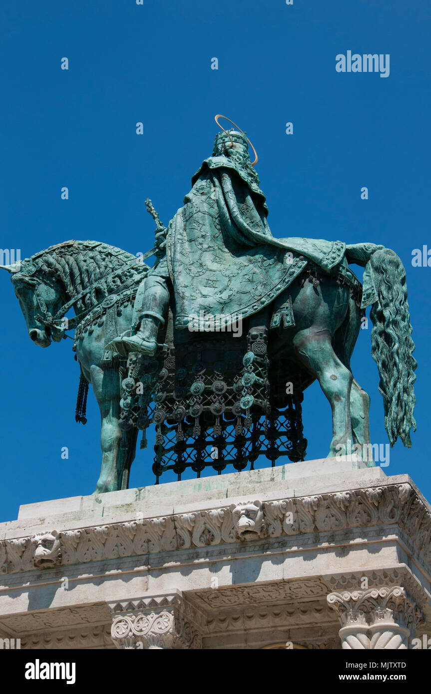 The Fishermans Bastion with the statues of Saint Stephan and King Arpad ...