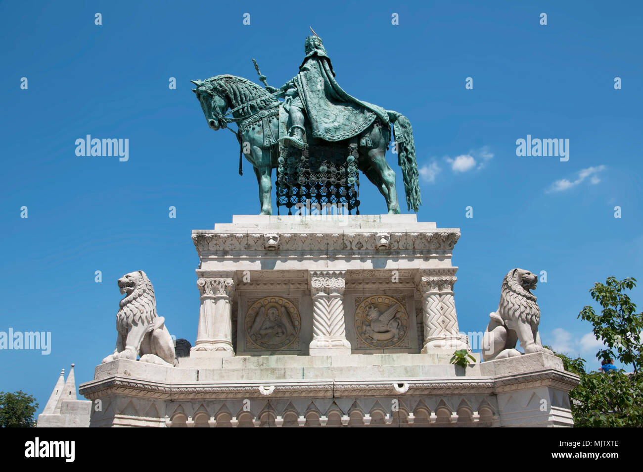 The Fishermans Bastion with the statues of Saint Stephan and King Arpad ...