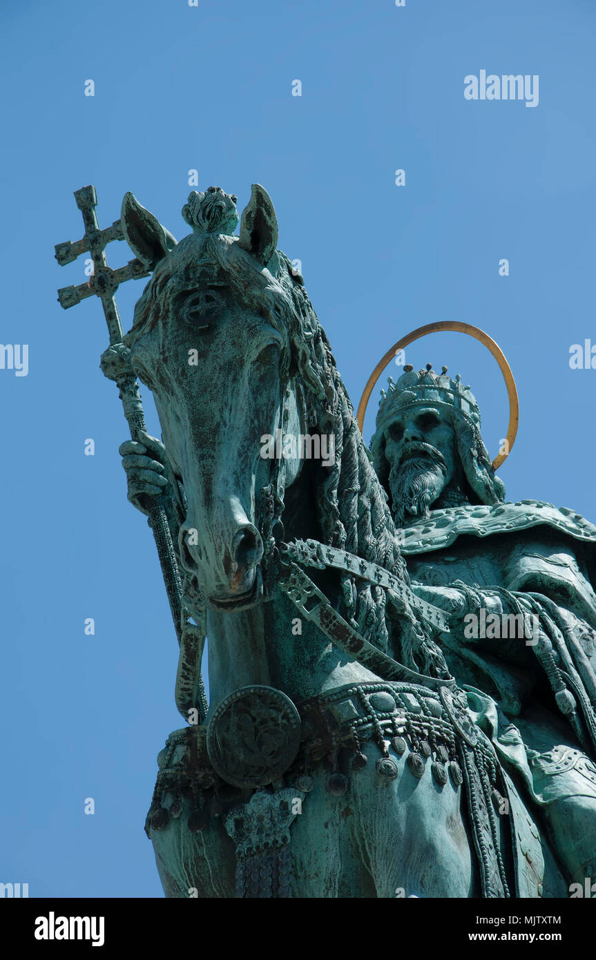 The Fishermans Bastion with the statues of Saint Stephan and King Arpad ...