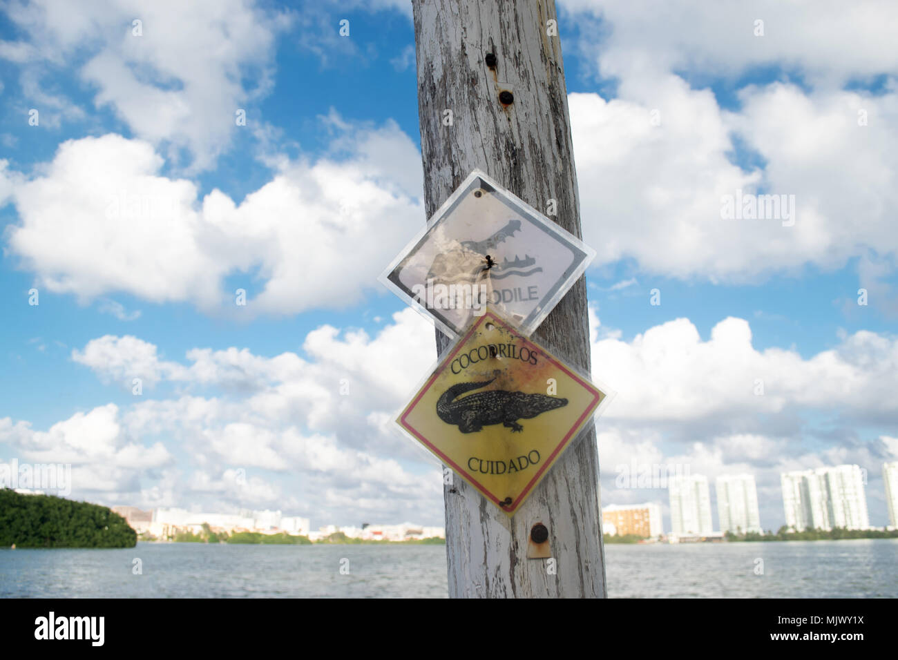 Warning sign of alligators in Cancun, Mexico Stock Photo - Alamy