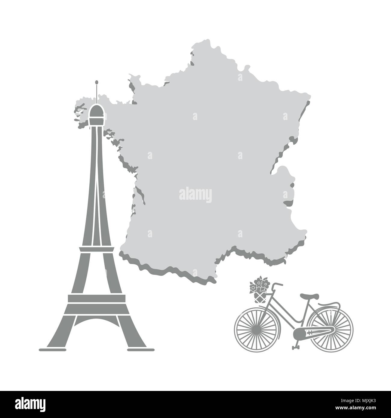 Map of France, famous tower of Paris, bicycle with a basket of flowers ...