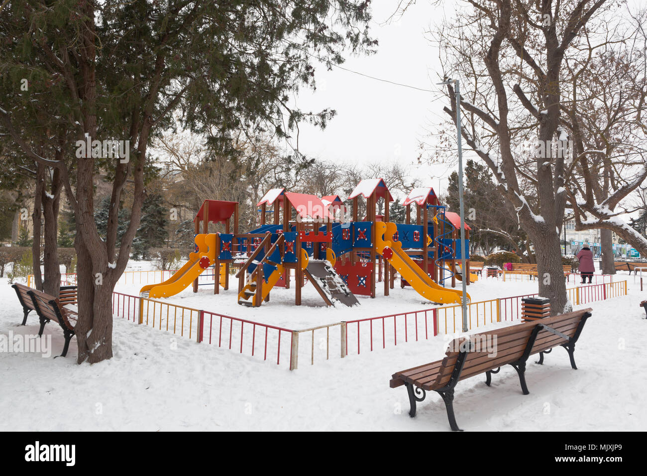 Snow-covered playground in the park named after Lenin (Shakaevsky ...