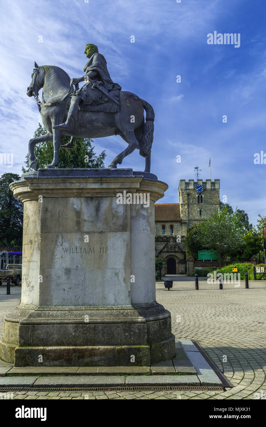 Statue of King William III on a horse on a stone plinth in the town ...