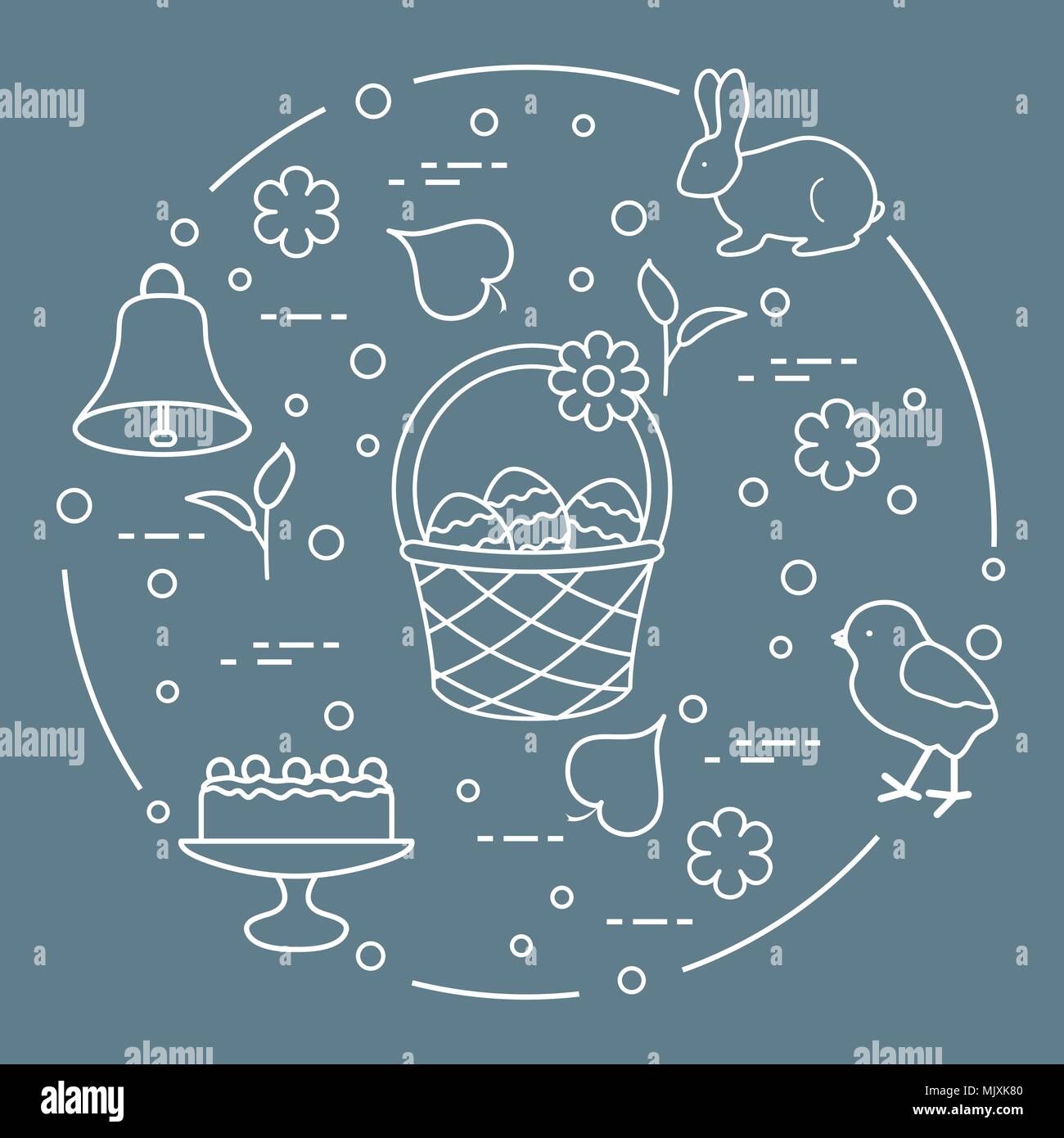 Easter symbols. Simnel cake, basket, eggs, bell, rabbit, chick, flowers ...