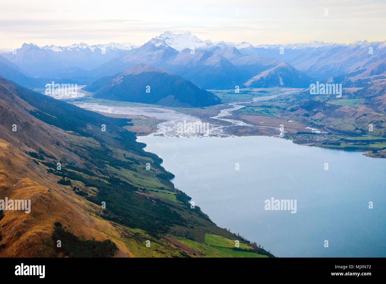 An aerial view of the southern alps and lakes of South Island, New ...