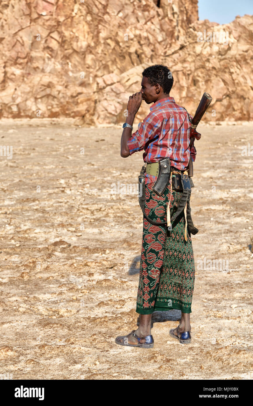 ETHIOPIA,DANAKIL-CIRCA JANUARY 2018--unidentified irregular soldier ...