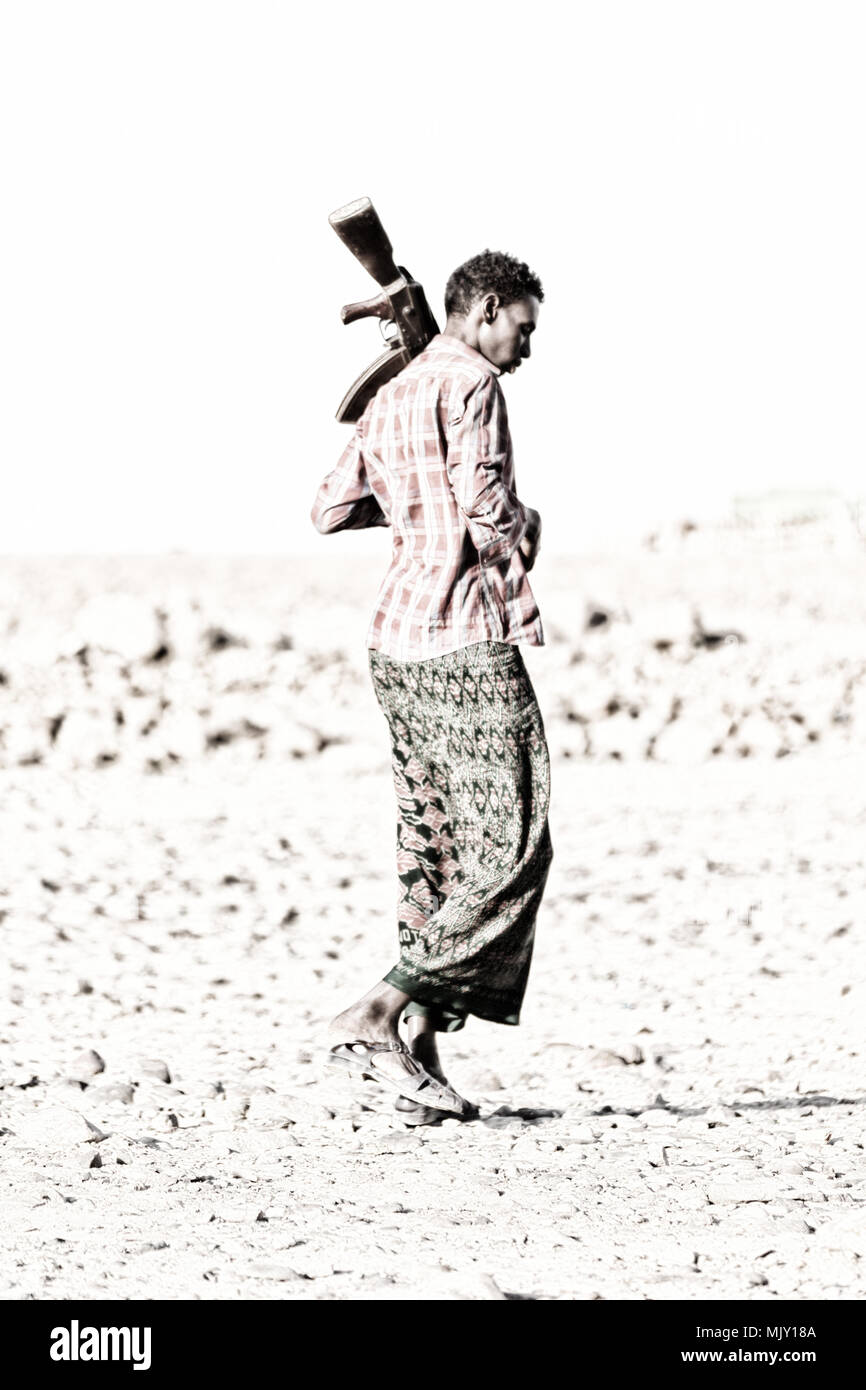 ETHIOPIA,DANAKIL-CIRCA JANUARY 2018--unidentified irregular soldier ...