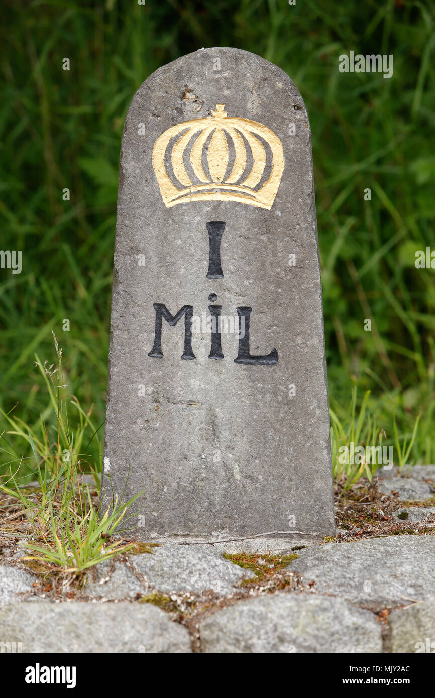 Swedish milestone of limestone 0.7 m tall with a crown indicates the ...