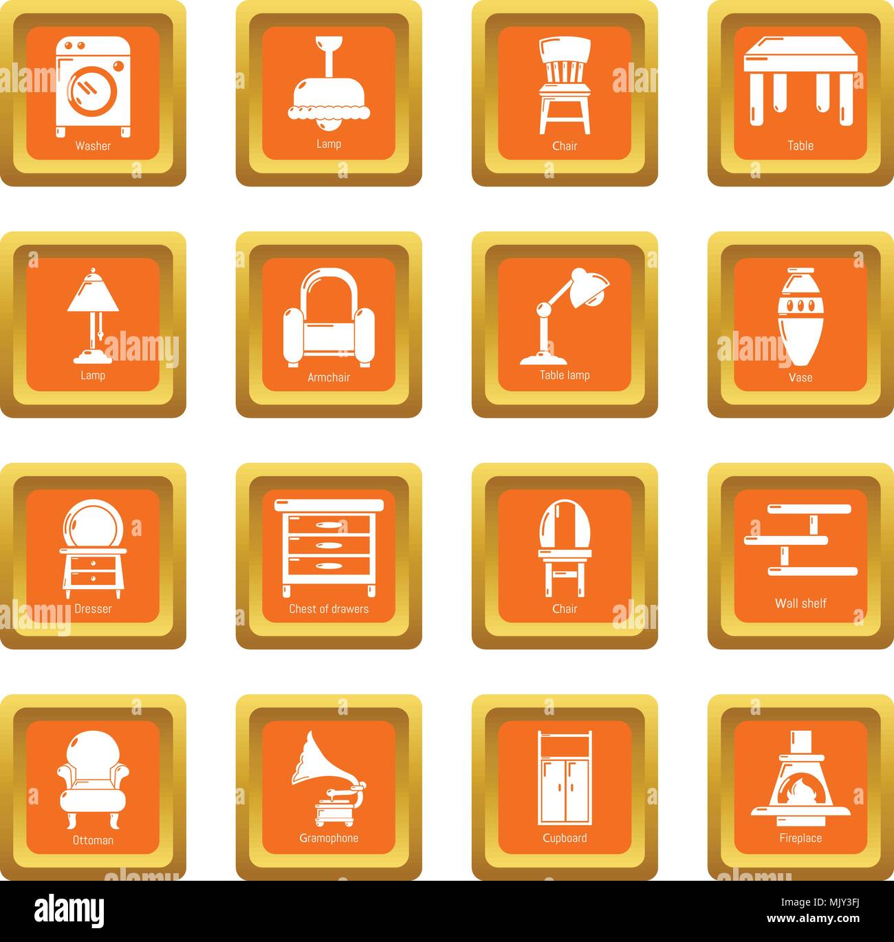 Interior furniture icons set orange square vector Stock Vector Image ...