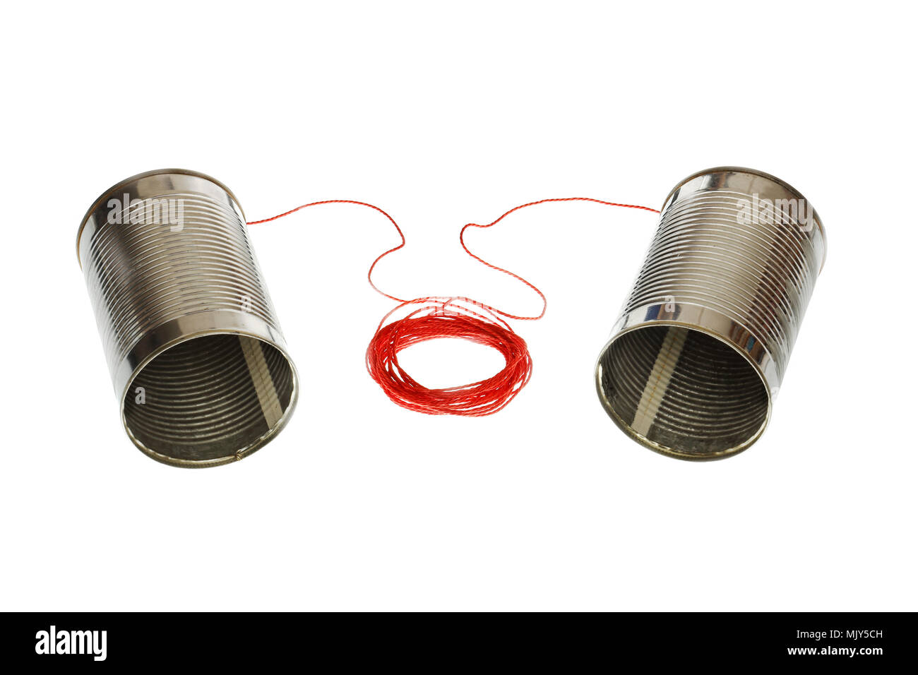 Two tin can phones connected with a cord isolated on white background ...