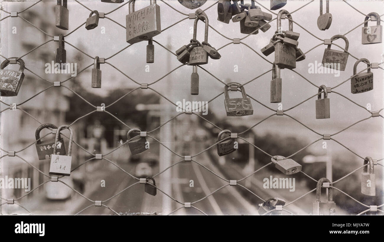 CYPRUS,LIMASSOL-CIRCA APRIL 2018--unidentified lock in the bridge like ...