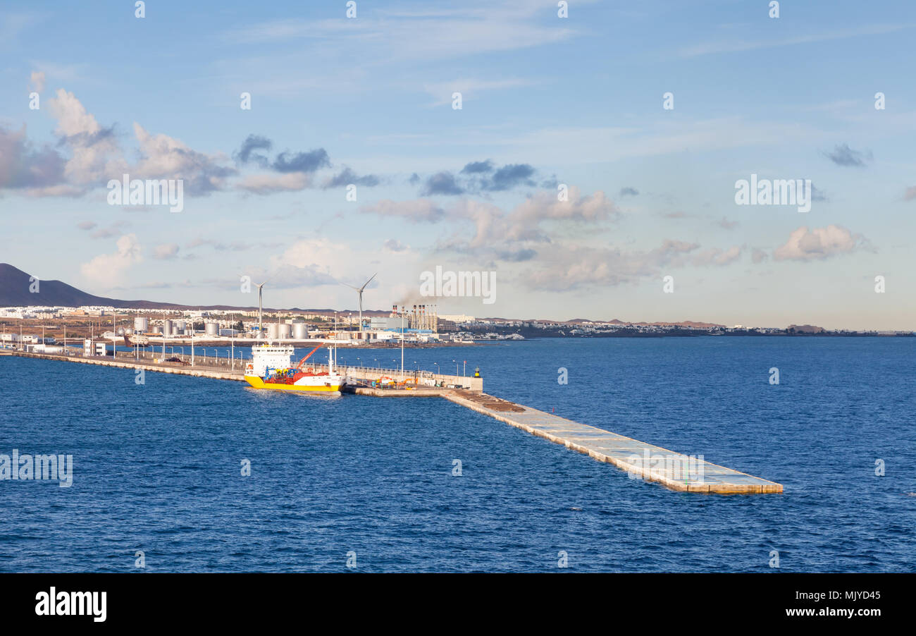The view towards the port of Arrecife on the Spanish island of ...