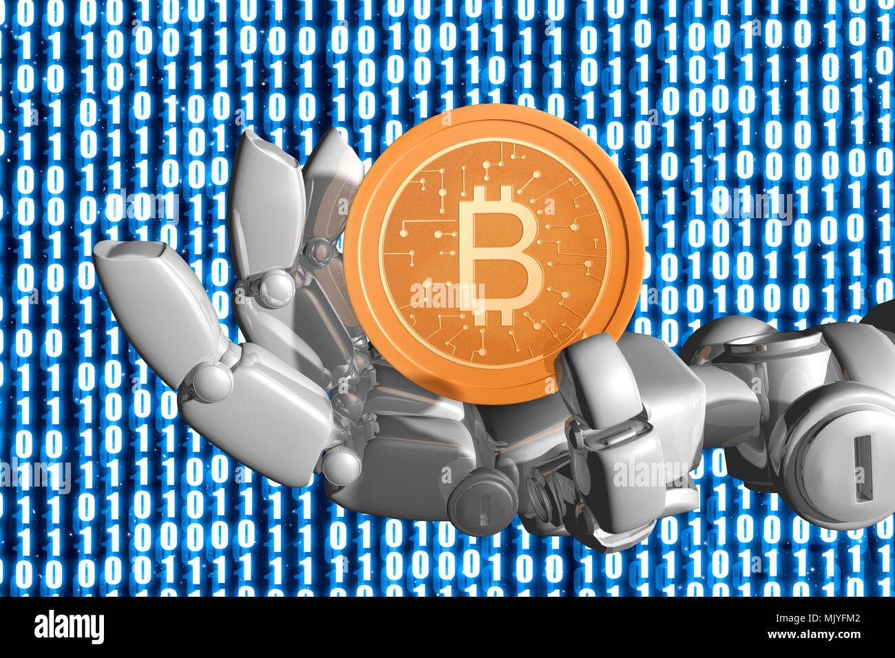 Robot hand and bitcoin with background 0 and 1 digital network Stock ...