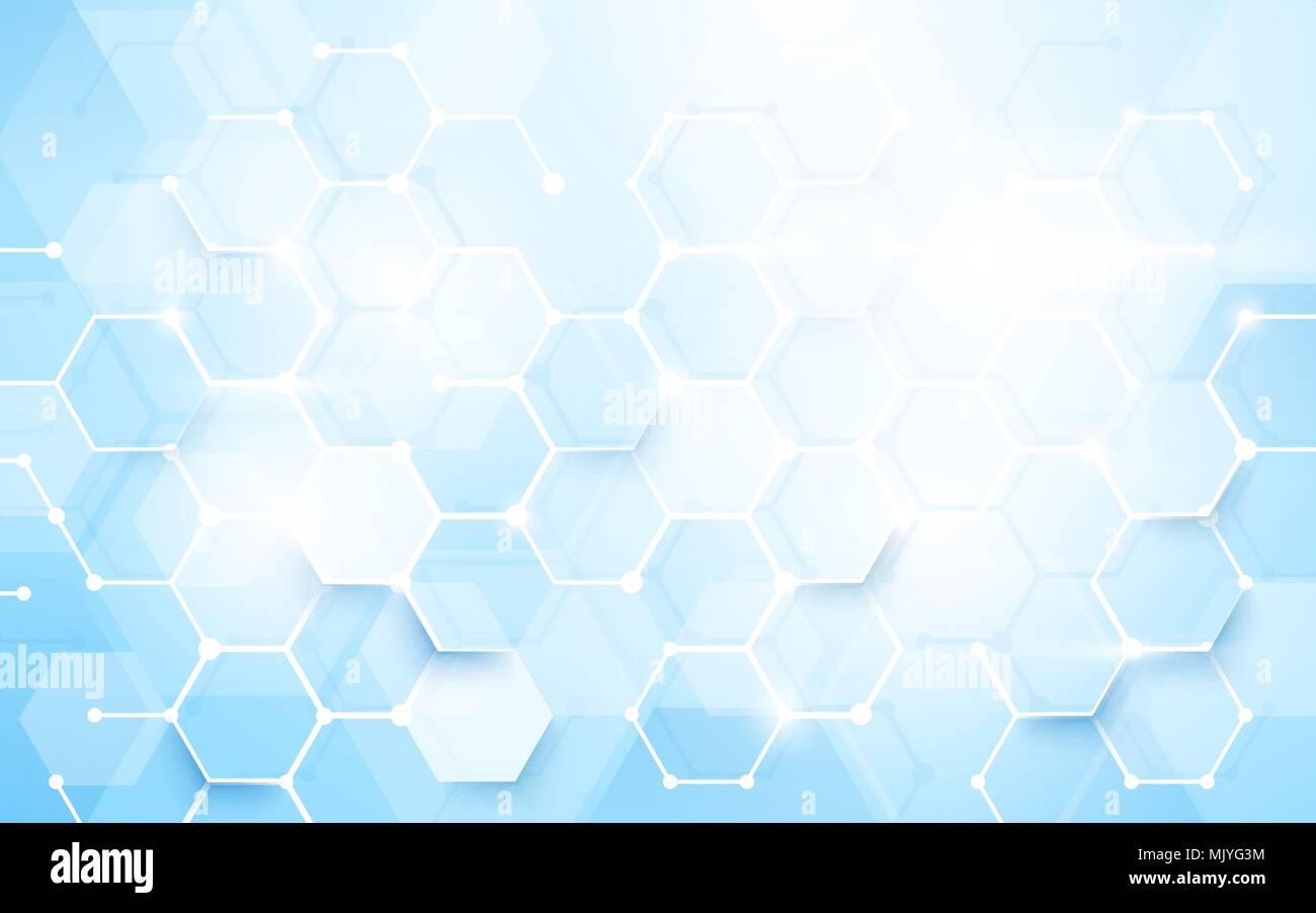 Abstract blue hexagons shape and lines with science concept background ...