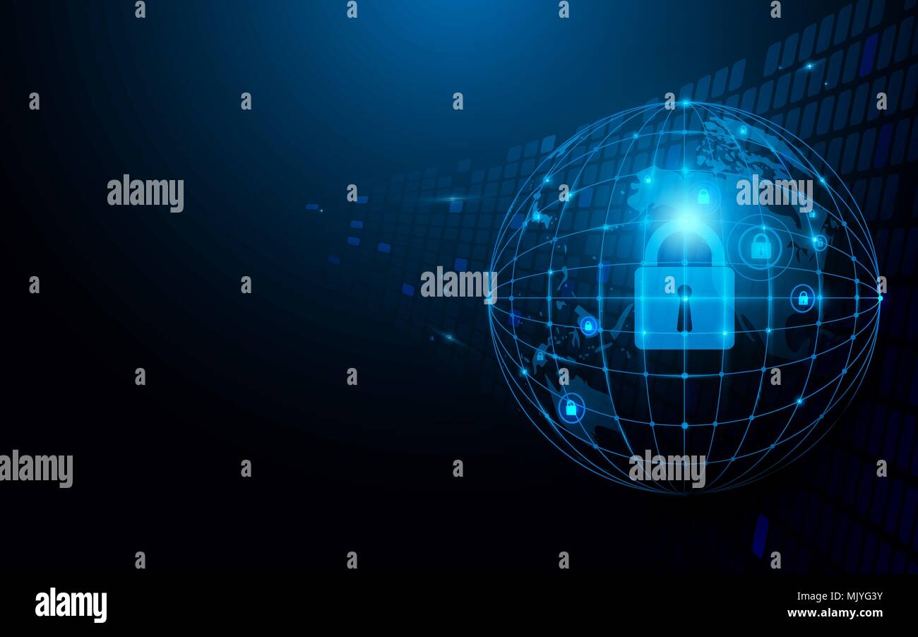 Abstract global and network and security futuristic technology connection concept dark blue ...