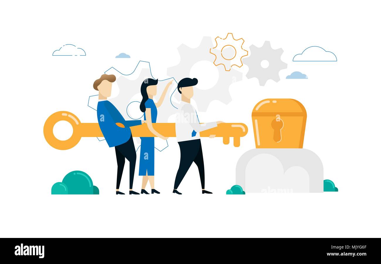 Businessman holding big key to open treasure. Teamwork and success ...