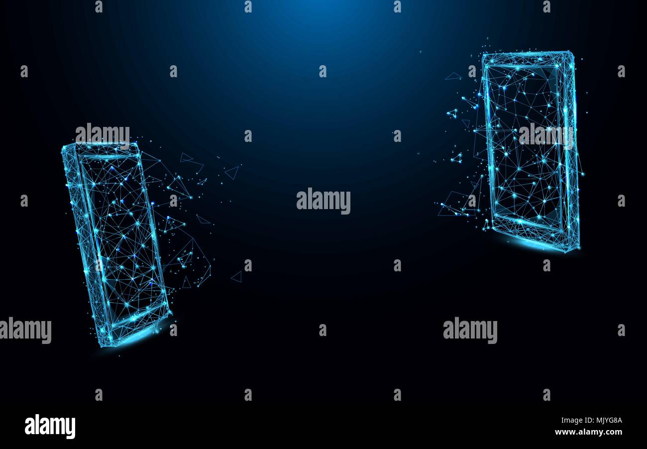 Smartphone form lines and triangles, point connecting network on blue ...