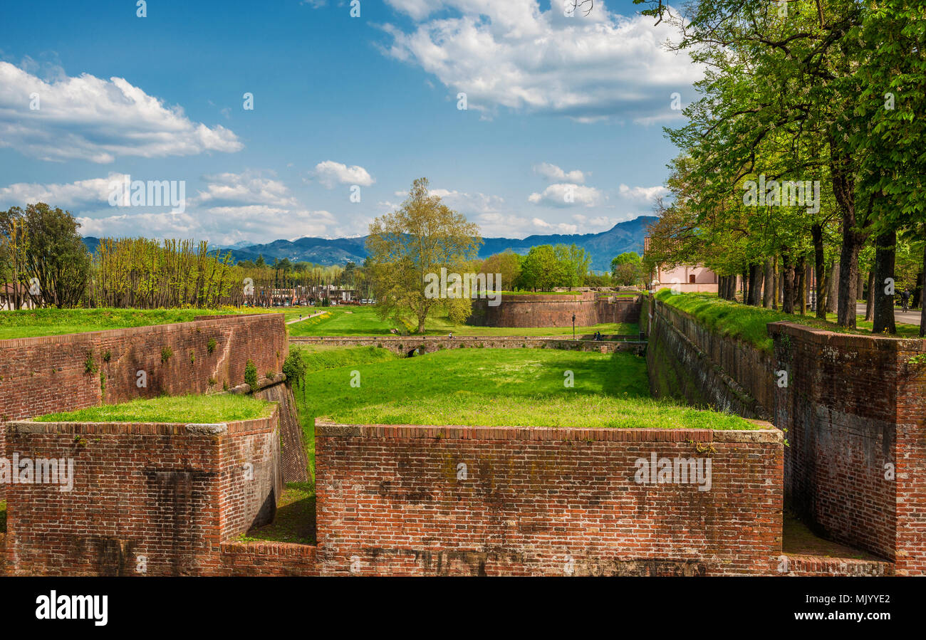 View of Lucca ancient city walls, ramparts and moat, completed in the ...