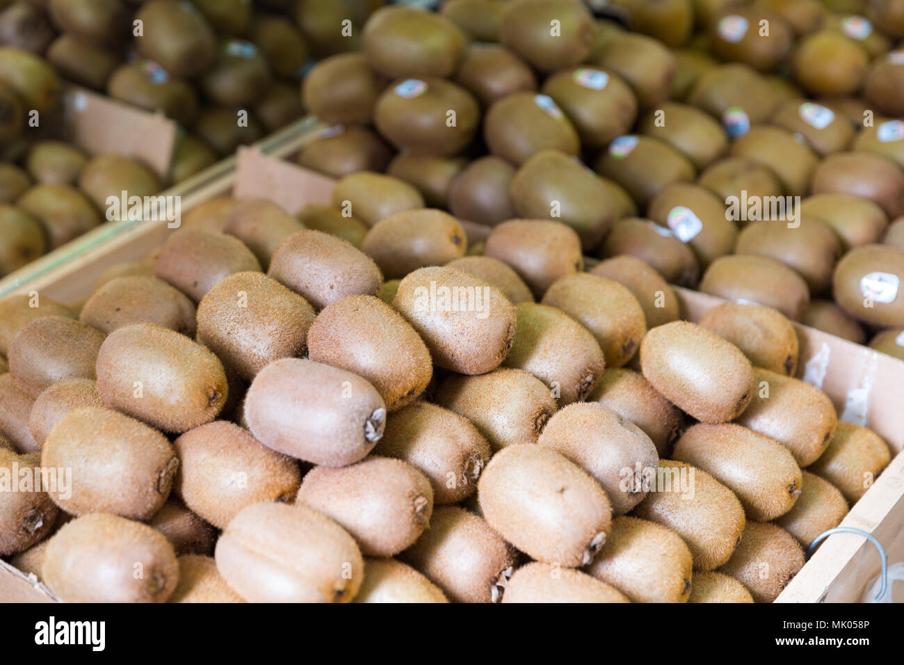 Fresh kiwi fruit in boxes on display at market Stock Photo - Alamy