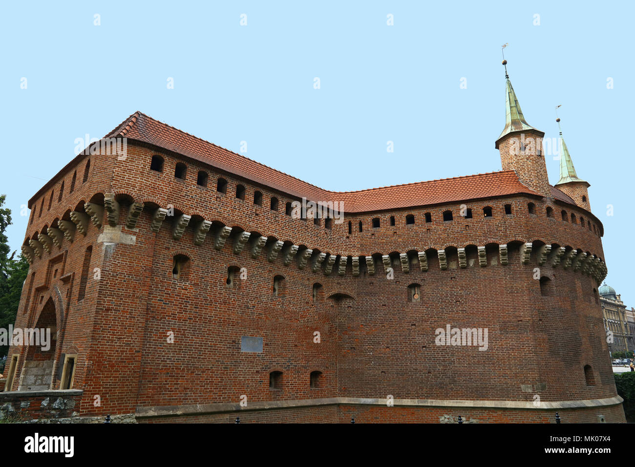 Side view of Krakow Barbican medieval outpost of old town city ...