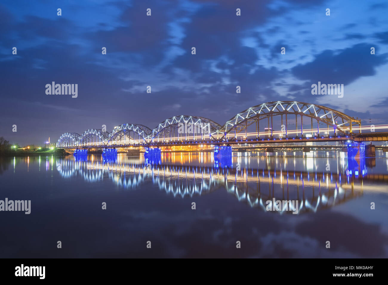 Riga at Night View - Rail Bridge Stock Photo - Alamy