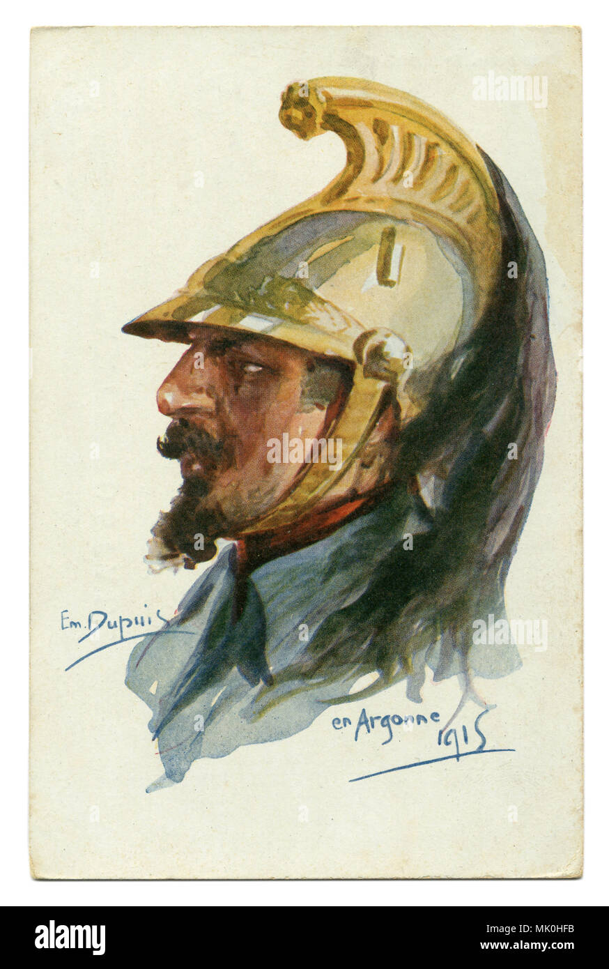 Old French postcard: brave Dragoon in a gold helmet with a plume ...