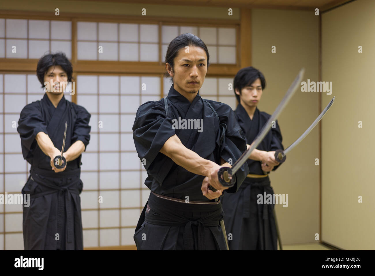 Japanese martial arts athlete training kendo in a dojo - Samaurai ...