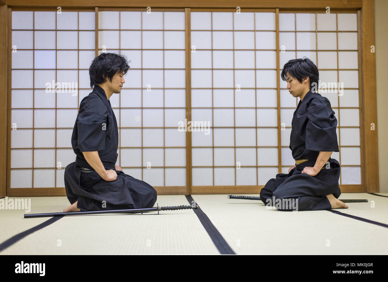 Japanese martial arts athlete training kendo in a dojo - Samaurai ...