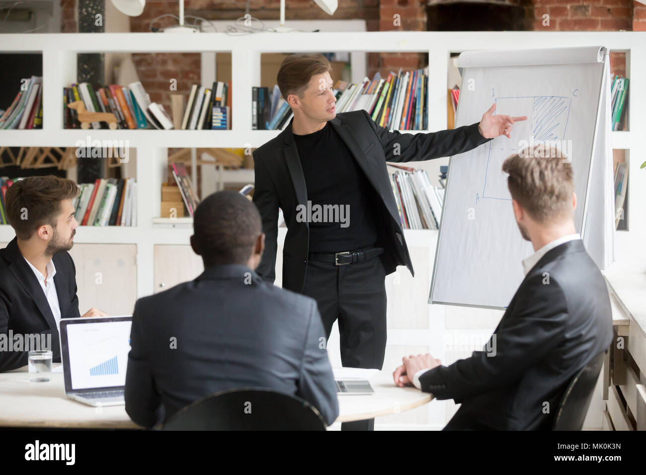 Manager expressing ideas on graph segment on flipchart Stock Photo - Alamy