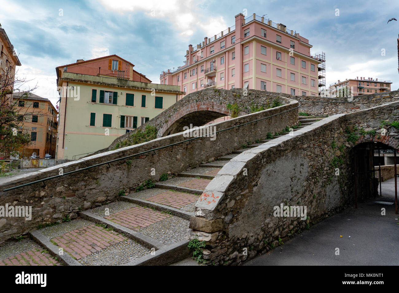 old roman bridge in Genova Nervi historical village district typical ...