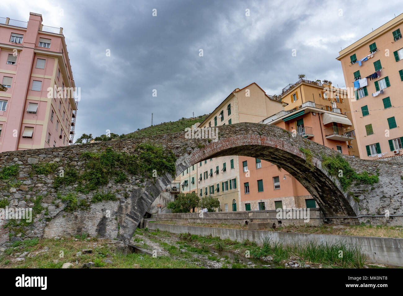 old roman bridge in Genova Nervi historical village district typical ...