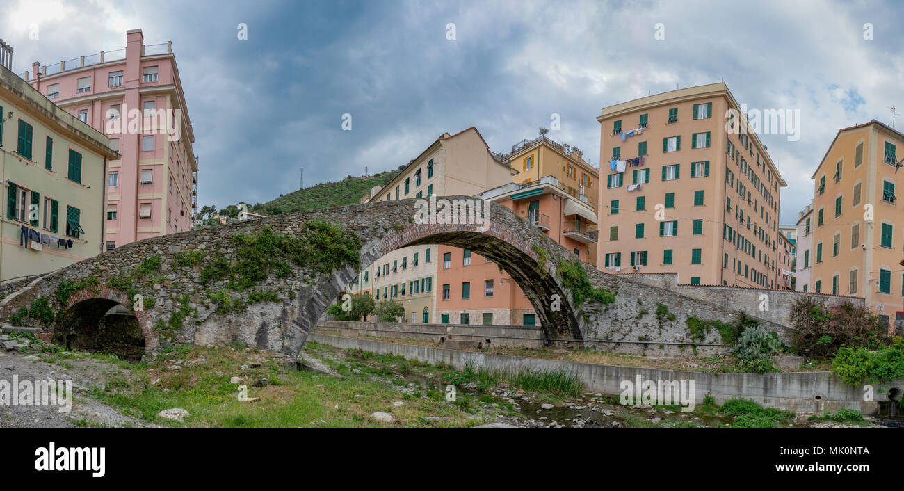old roman bridge in Genova Nervi historical village district typical ...