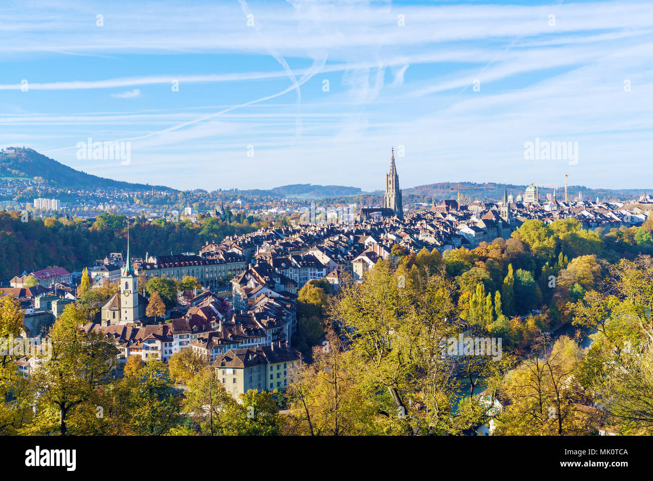 Aerial view of old city with Minster gothic cathedral, Bern ...