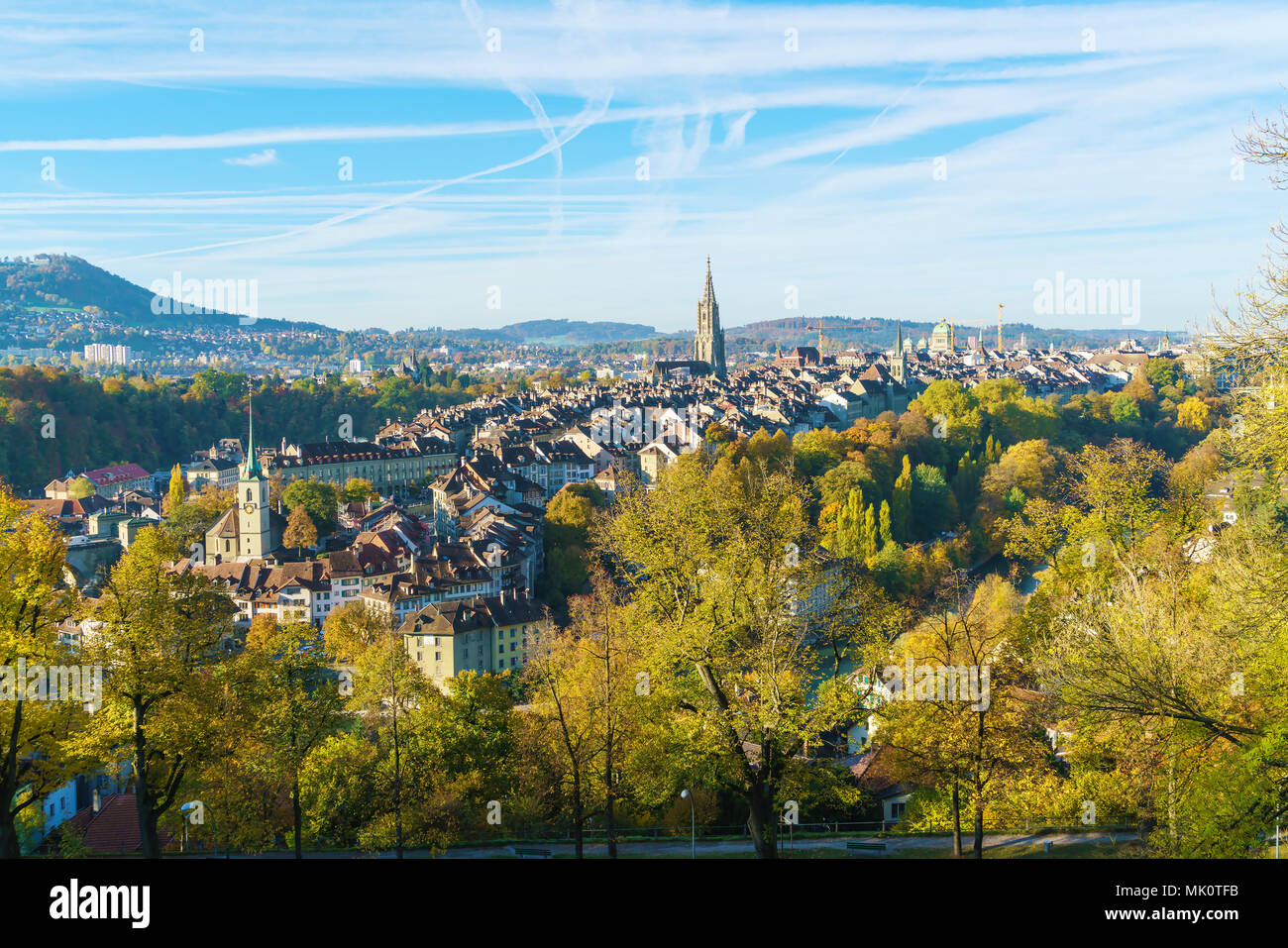 Aerial view of old city with Minster gothic cathedral, Bern ...