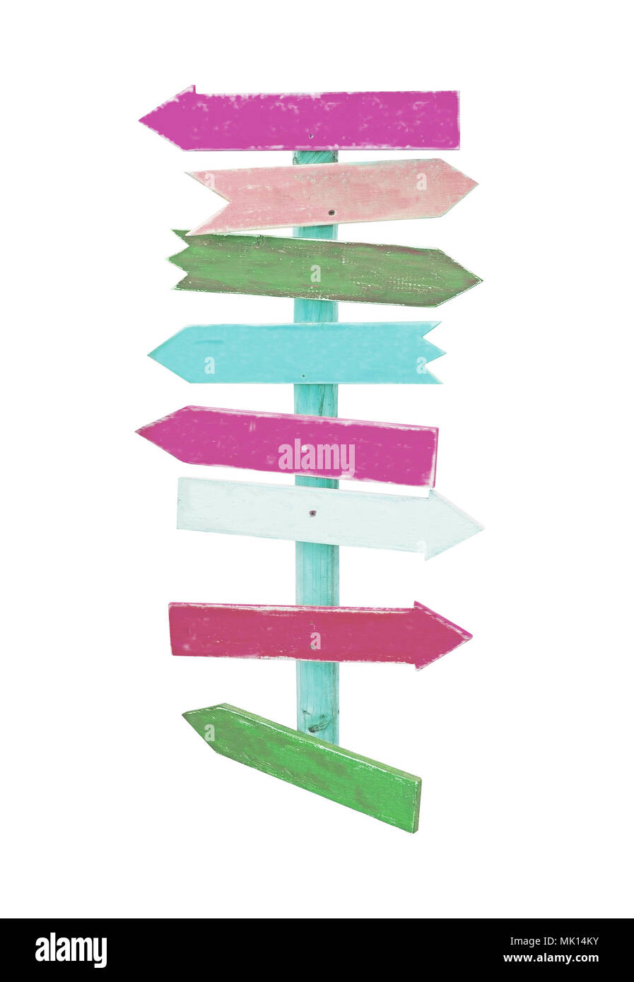 Colorful wood arrow signs with copy space for text pointing in different directions isolated on ...