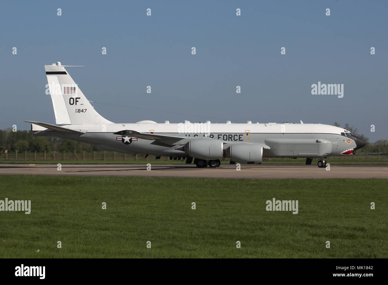 A USAF Combat Sent RC-135U lines up on the Mildenhall runway prior to ...