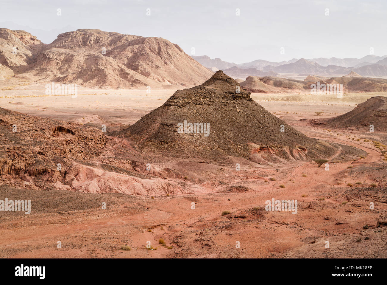 Small dark hill surrounded with red rocks in Timna park in dry ...